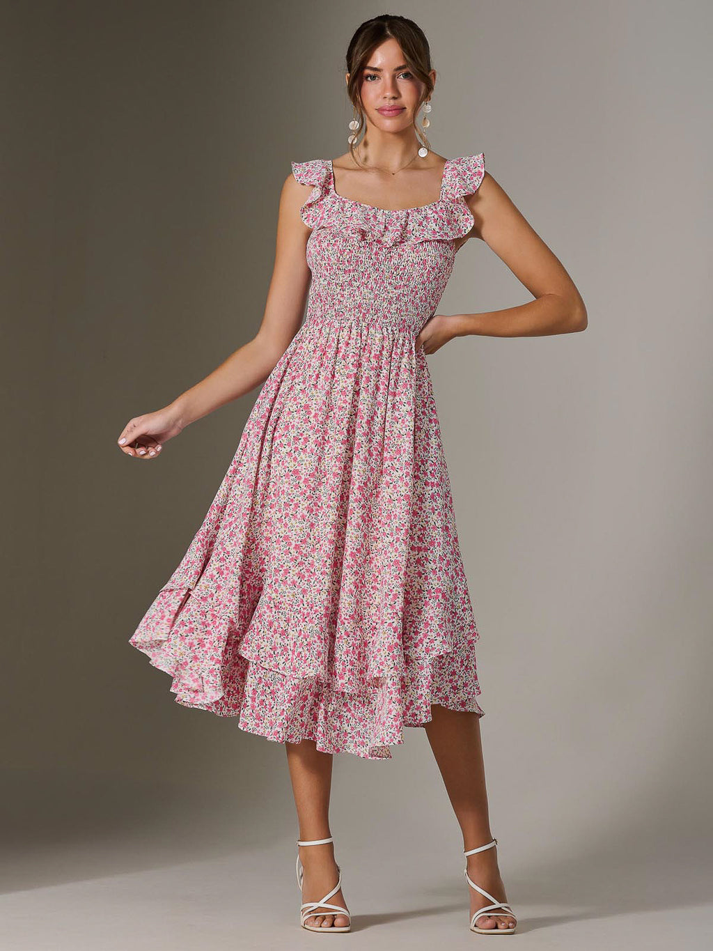 Ruffle Shirred Woven Midi Dress, Pink Floral – Jolie Moi Wholesale