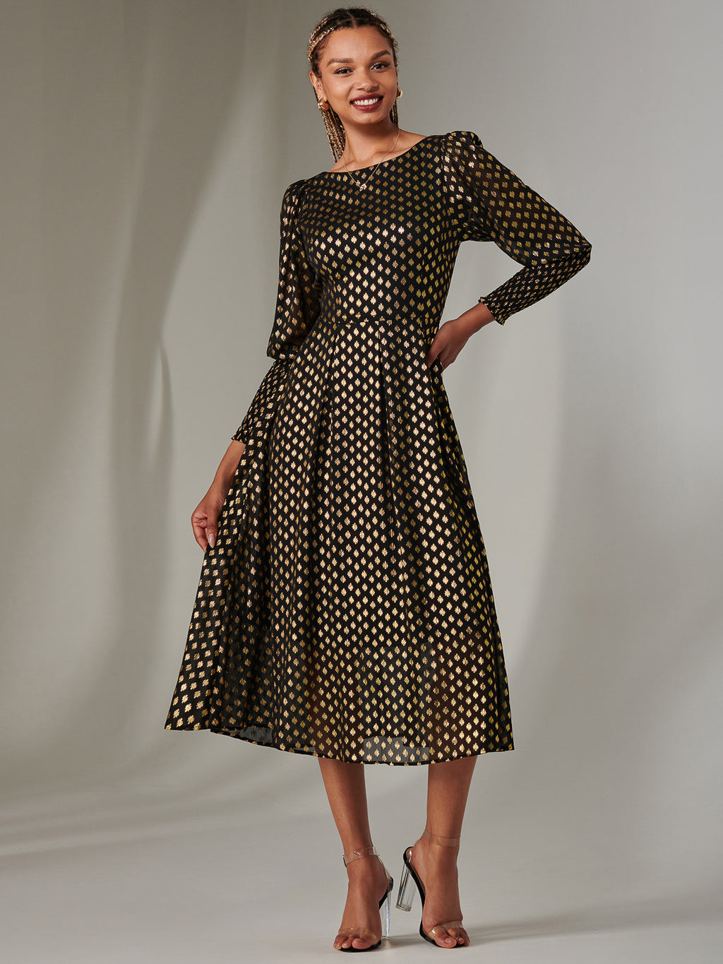 Puff Sleeve Gold Spotty Midaxi Dress, Black – Jolie Moi Wholesale